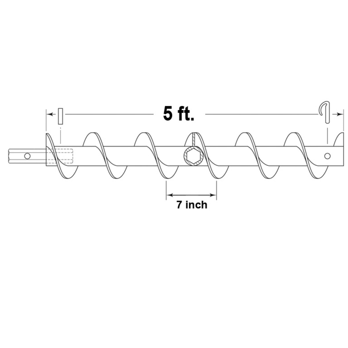 8" x 5' - Continuous Flight Auger - 1 5/8" Hex Connection